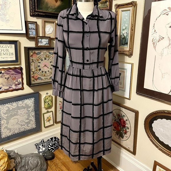 jonathan martin | Dresses | 8s Vintage Jonathan Martin Gray And Black Long Sleeve Windowpane ...